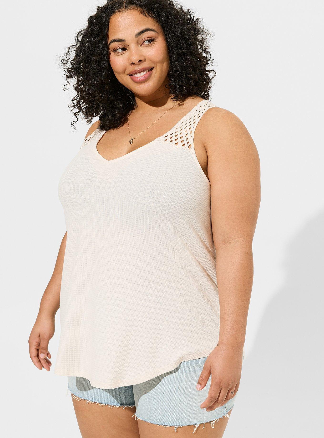 Plus Size - Textured Jersey V-Neck Crochet Swing Tank - Torrid