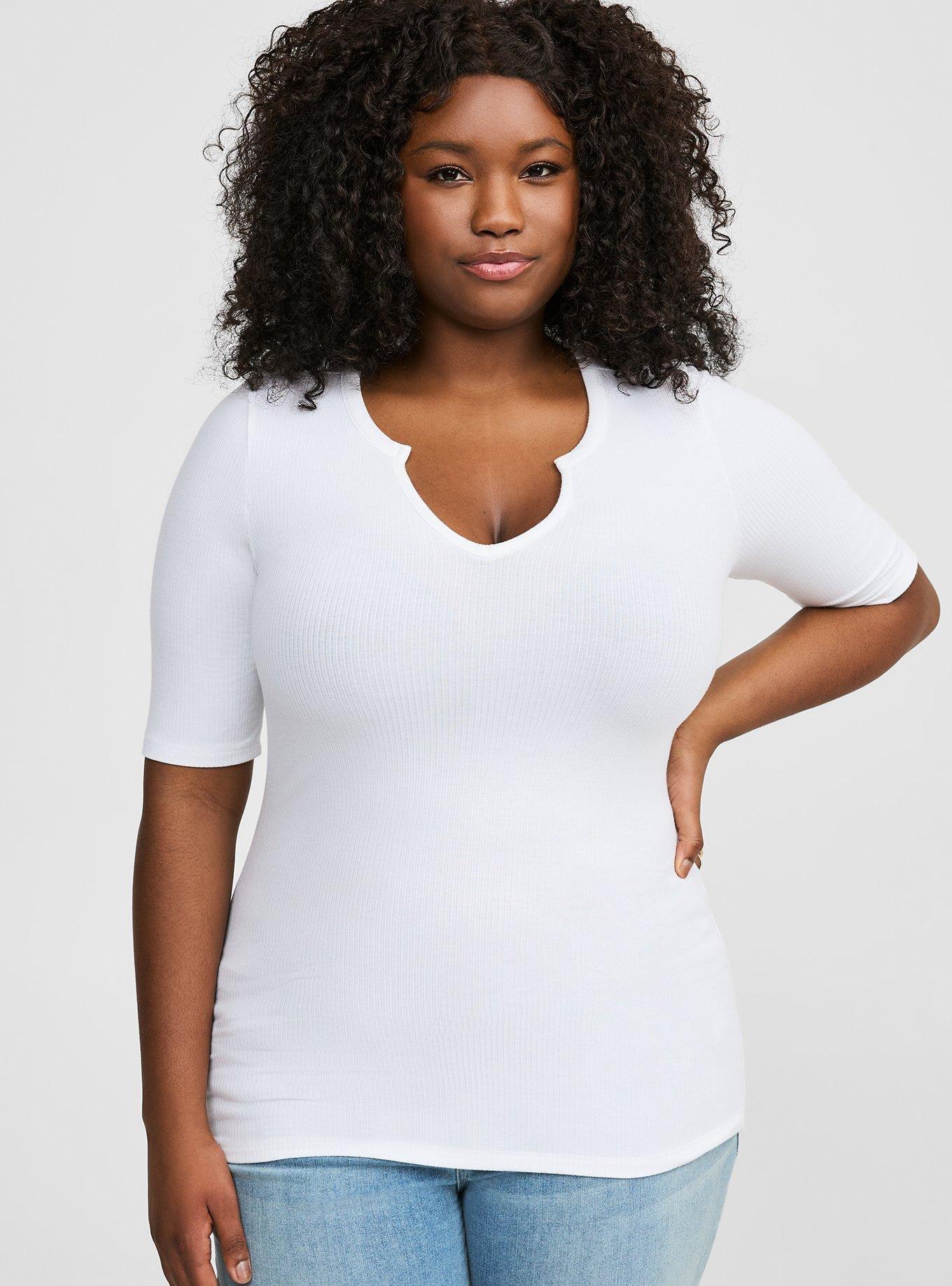 Plus Size - Super Soft Rib Notch Neck Elbow Sleeve Top - Torrid