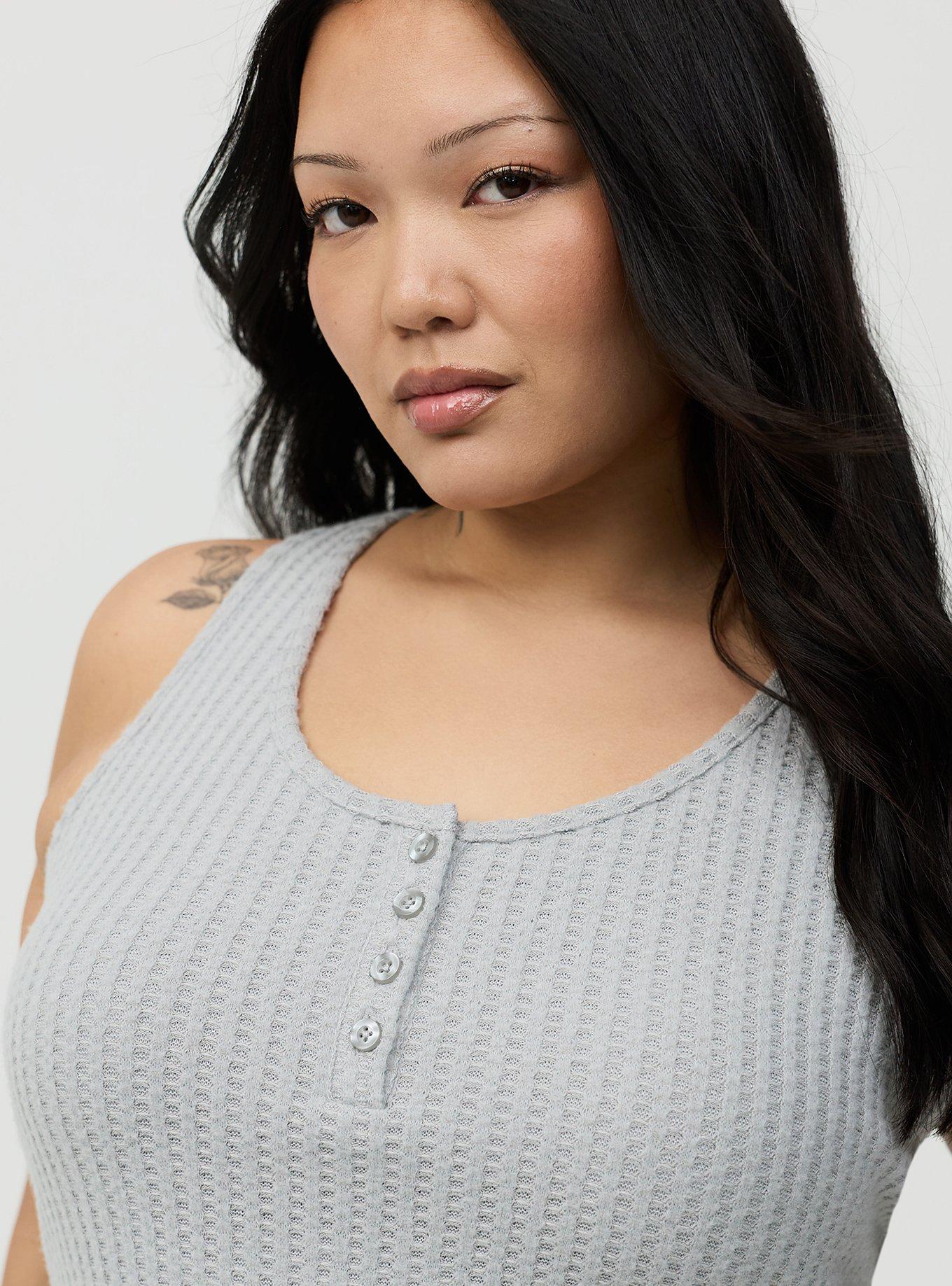 Plus Size - Super Soft Plush Waffle Henley Crop Lounge Tank - Torrid